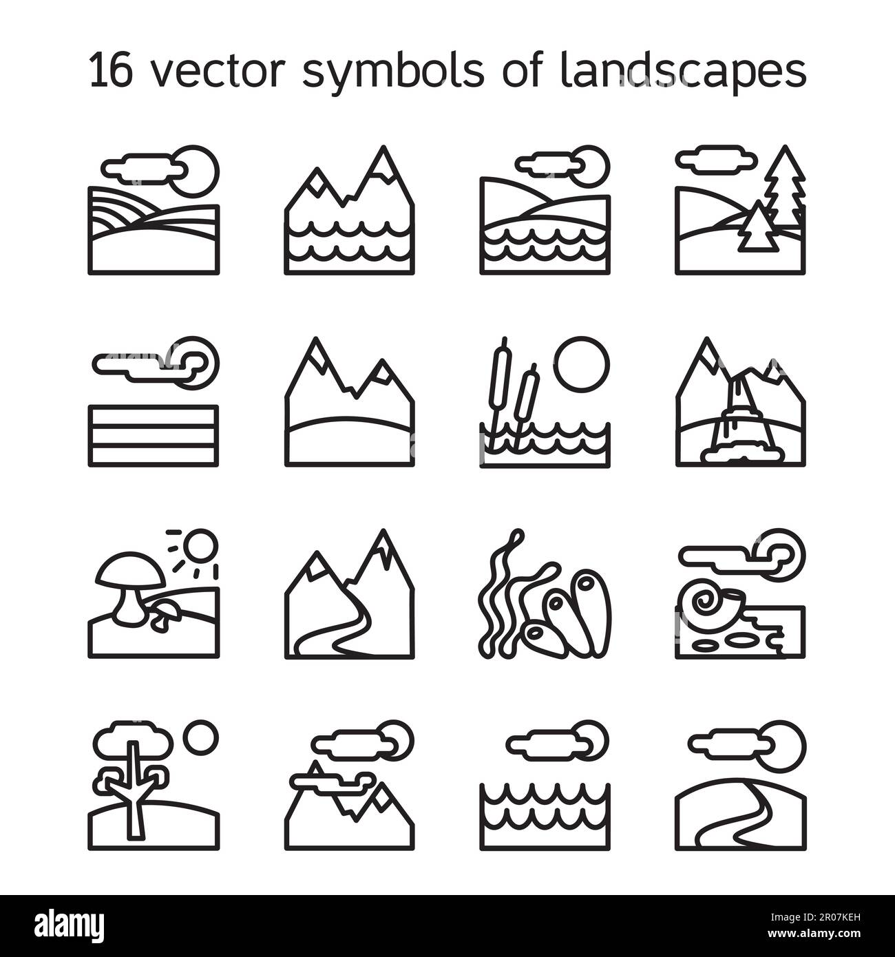 Landscape icons collection. Nature symbols and paysages in rectangle ...