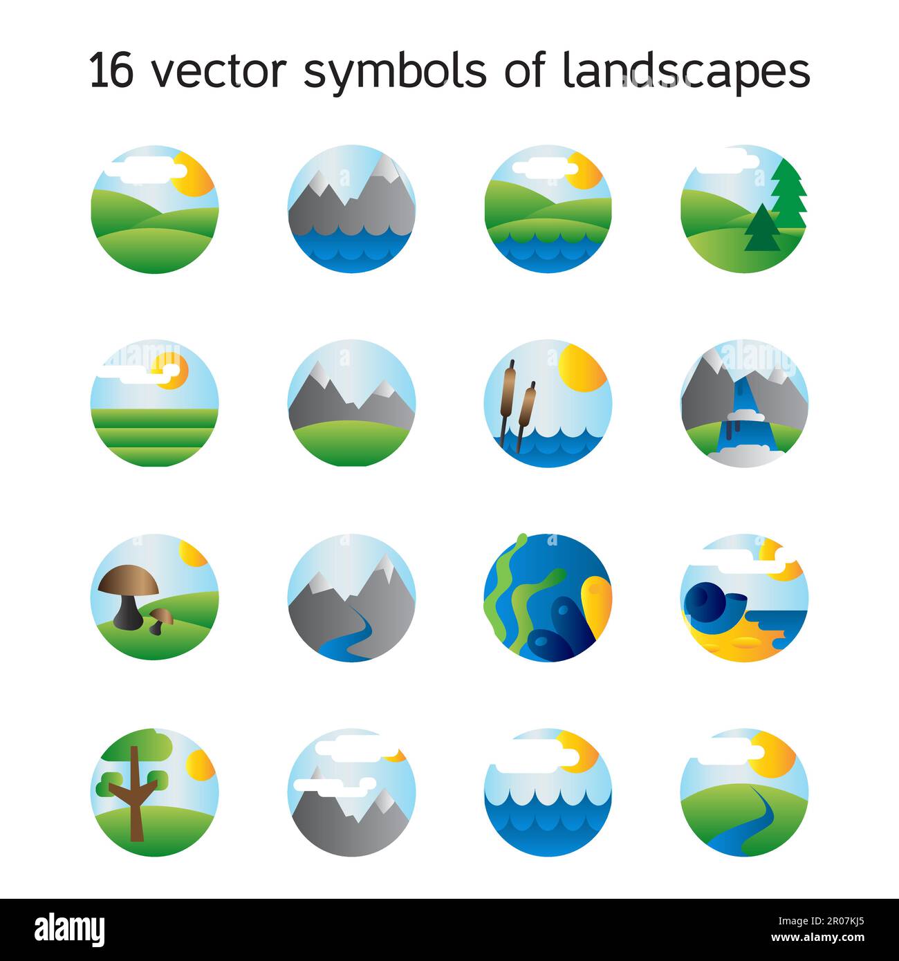 Landscape icons collection. Nature symbols and paysages in round form ...
