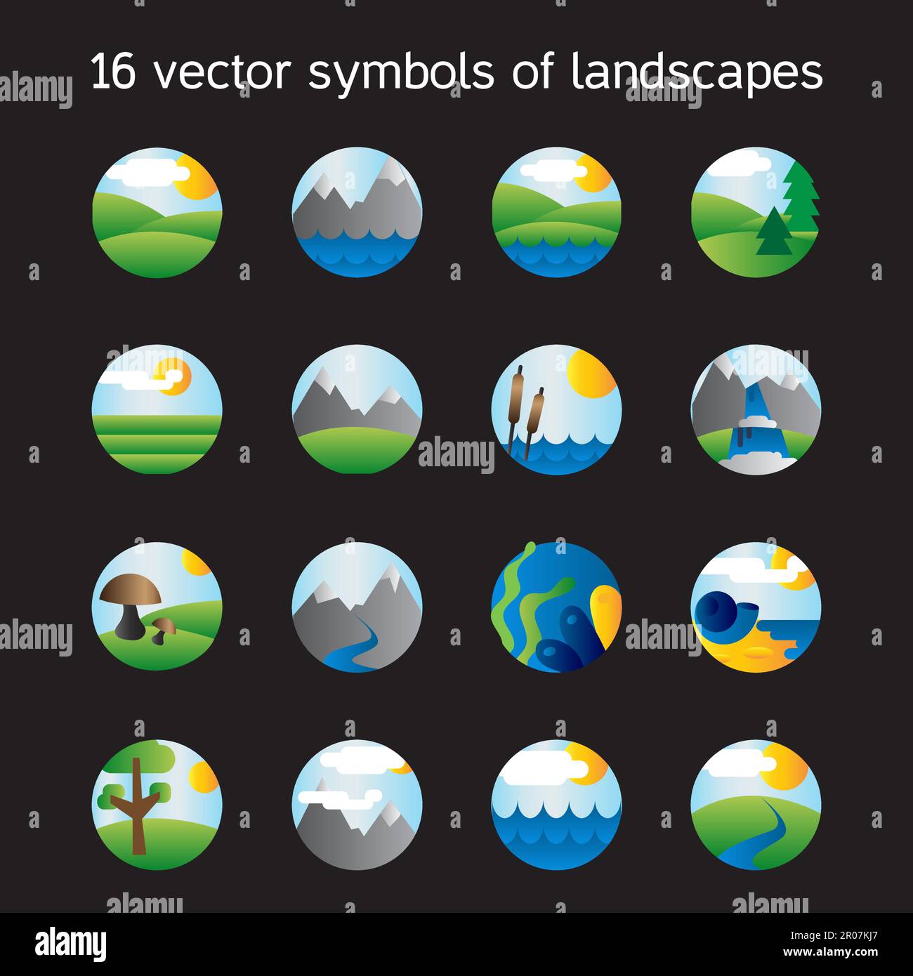 Landscape icons collection. Nature symbols and paysages in round form ...