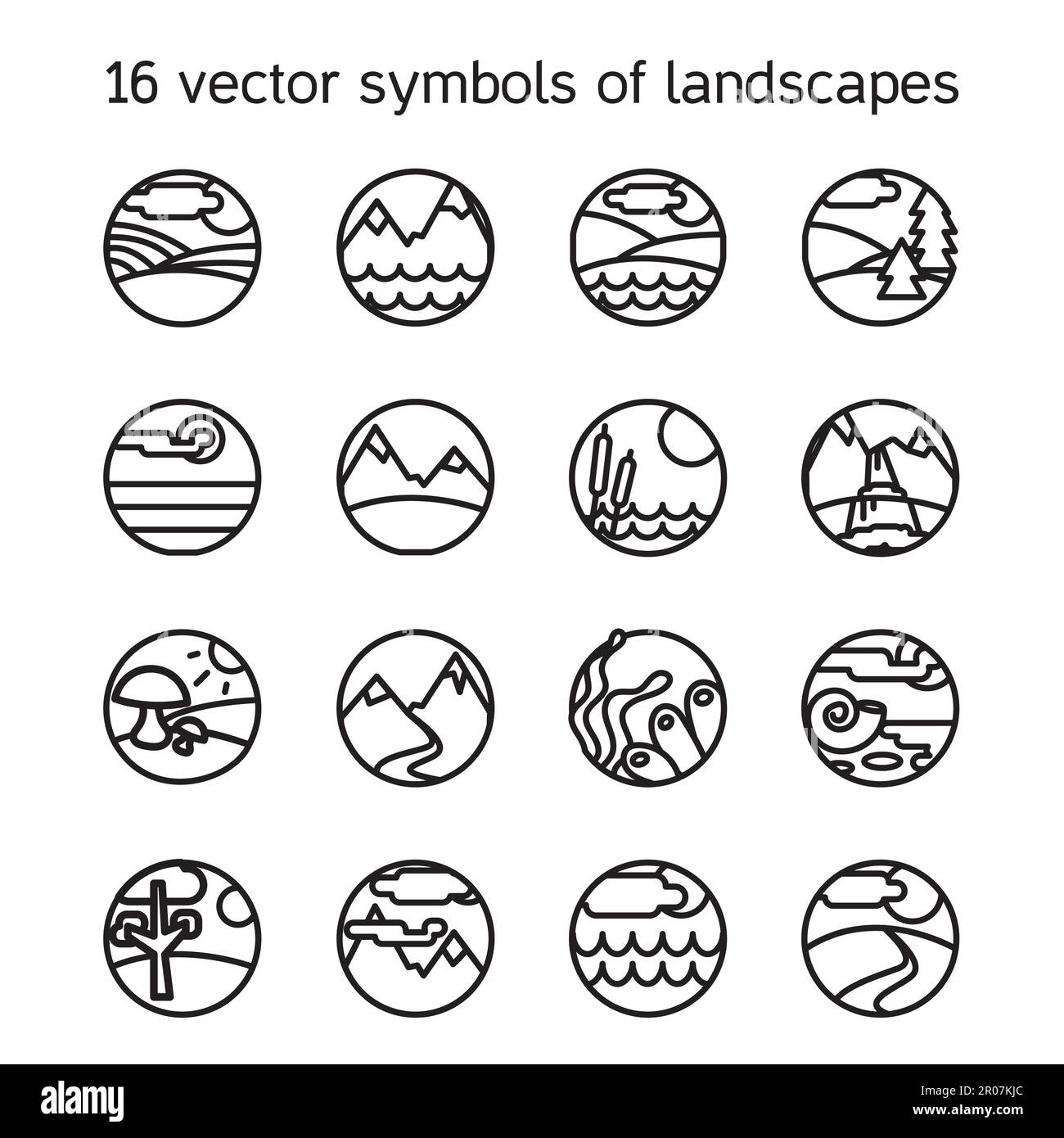 Landscape icons collection. Nature symbols and paysages in round form ...