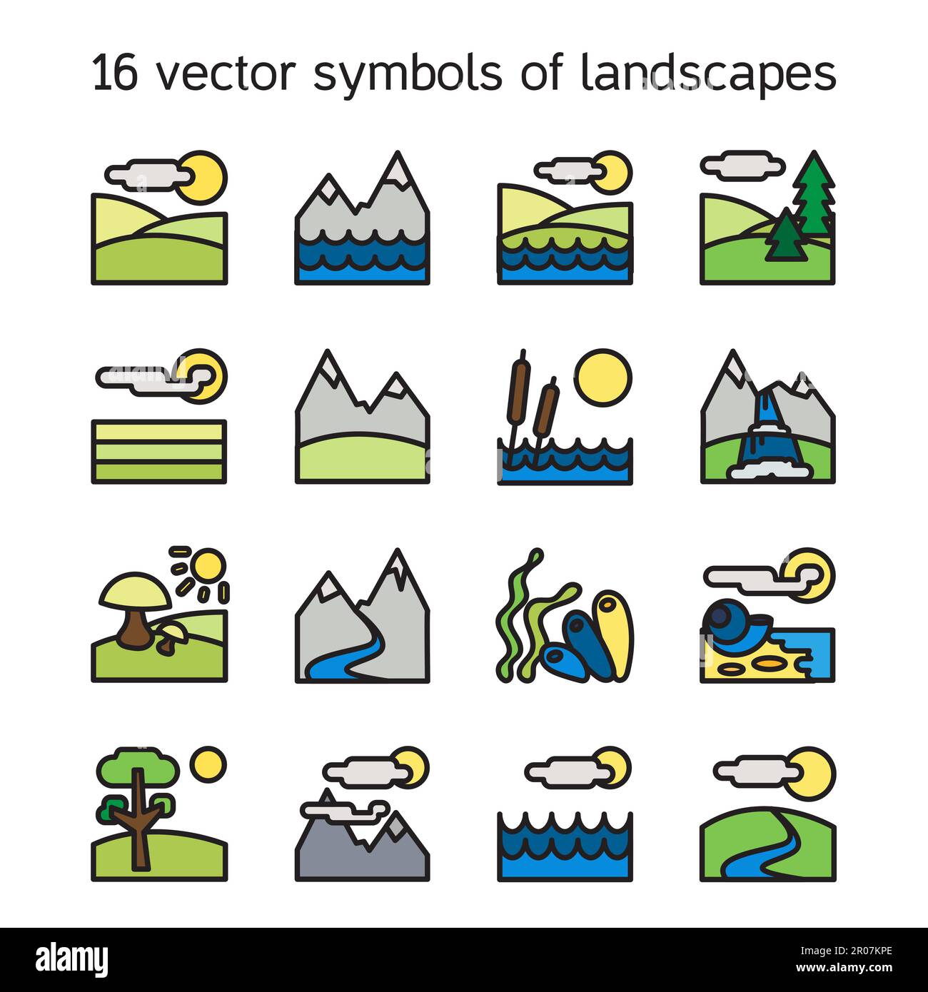 Landscape icons collection. Nature symbols and paysages in rectangle ...