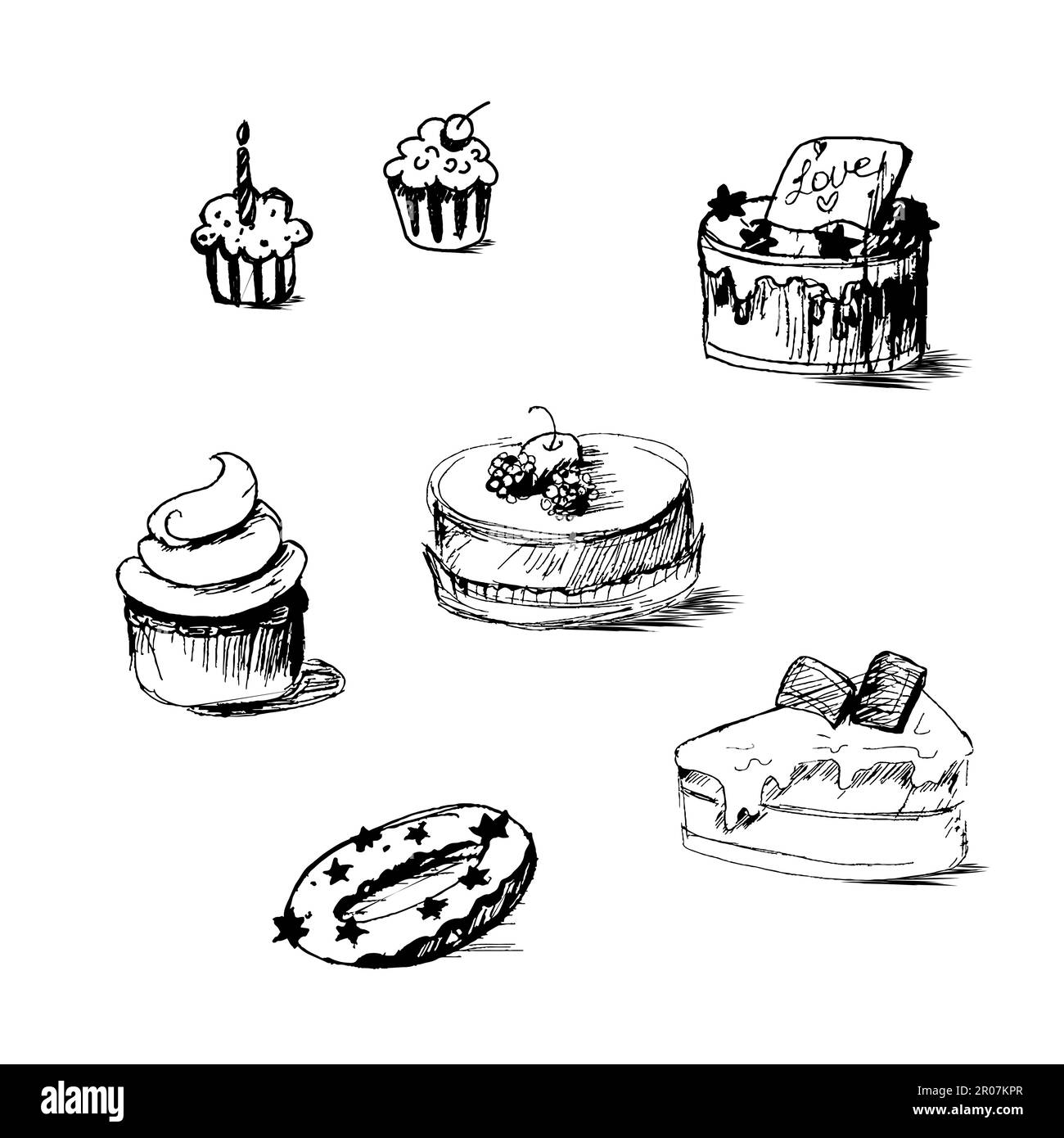 Illustration of cakes by sketch, bakery sticker. Candy, sweet banner ...