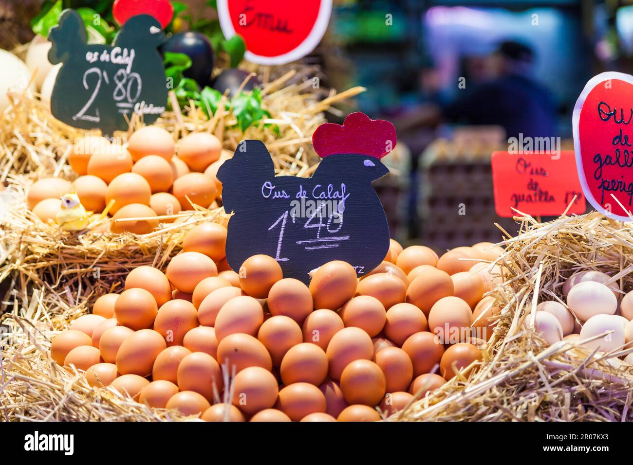 Interior of a busy food market, with detail of eggs group Stock Photo ...