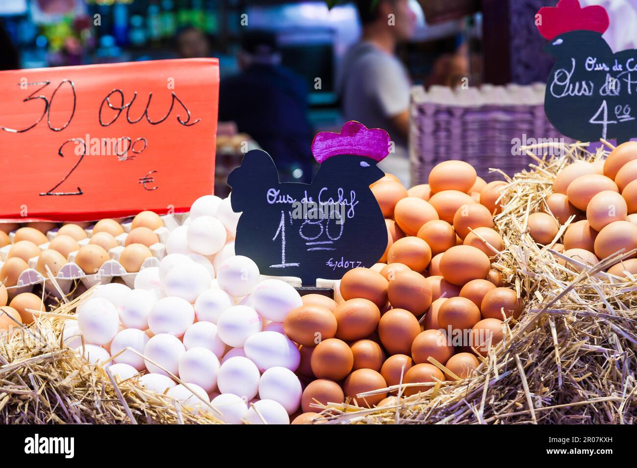 Interior of a busy food market, with detail of eggs group Stock Photo ...
