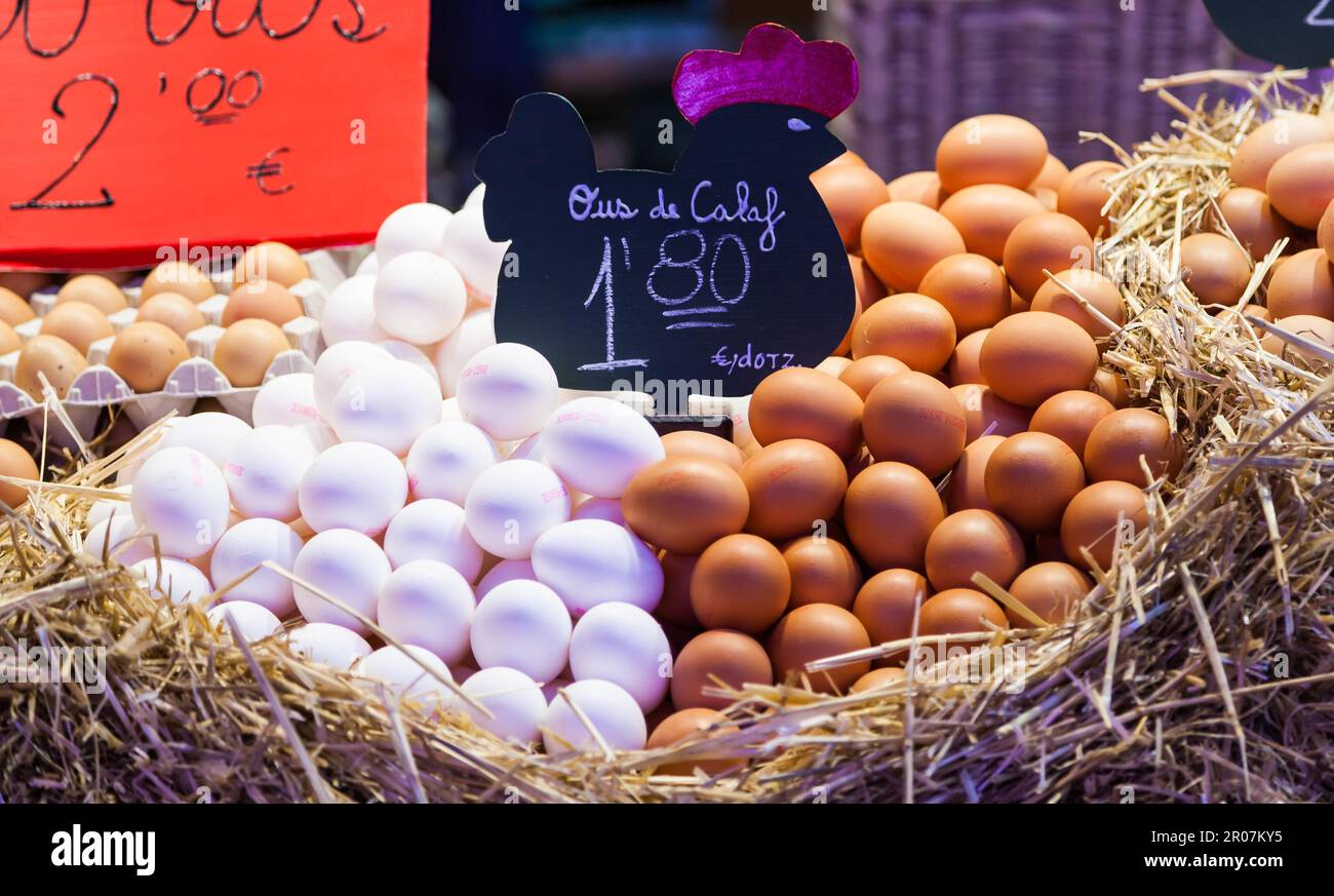 Interior of a busy food market, with detail of eggs group Stock Photo ...