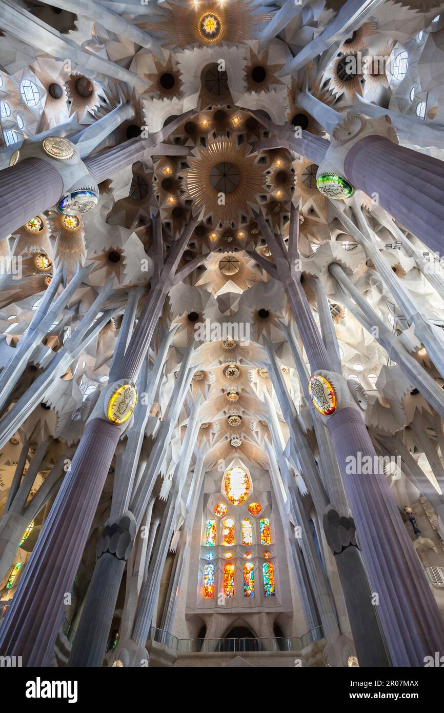 The sun shines through the stained glass windows of Gaudis masterpiece: La Sagrada Familia Stock ...