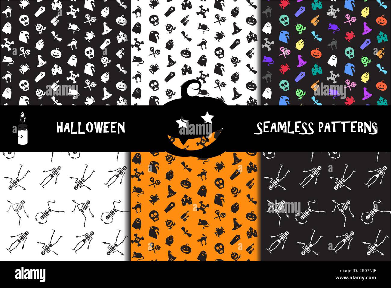 Halloween icons seamless patterns set from animals, skull, skeletons ...