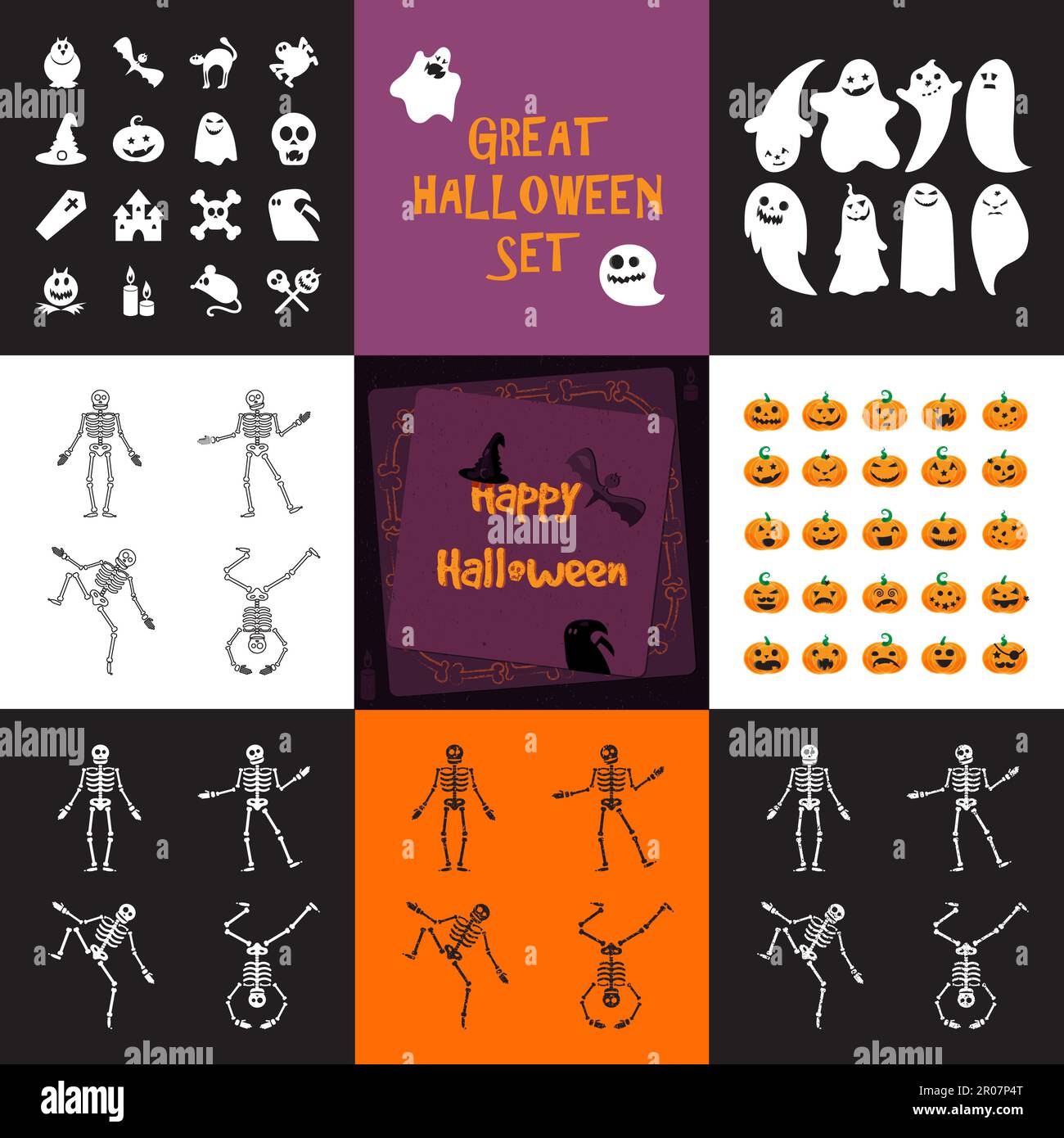 Halloween icons from animals, skull, skeletons, pumpkins, ghosts, bones ...