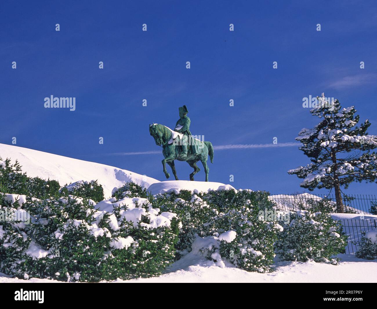 Equestrian statue of Napoleon under the snow in the meadow of the ...