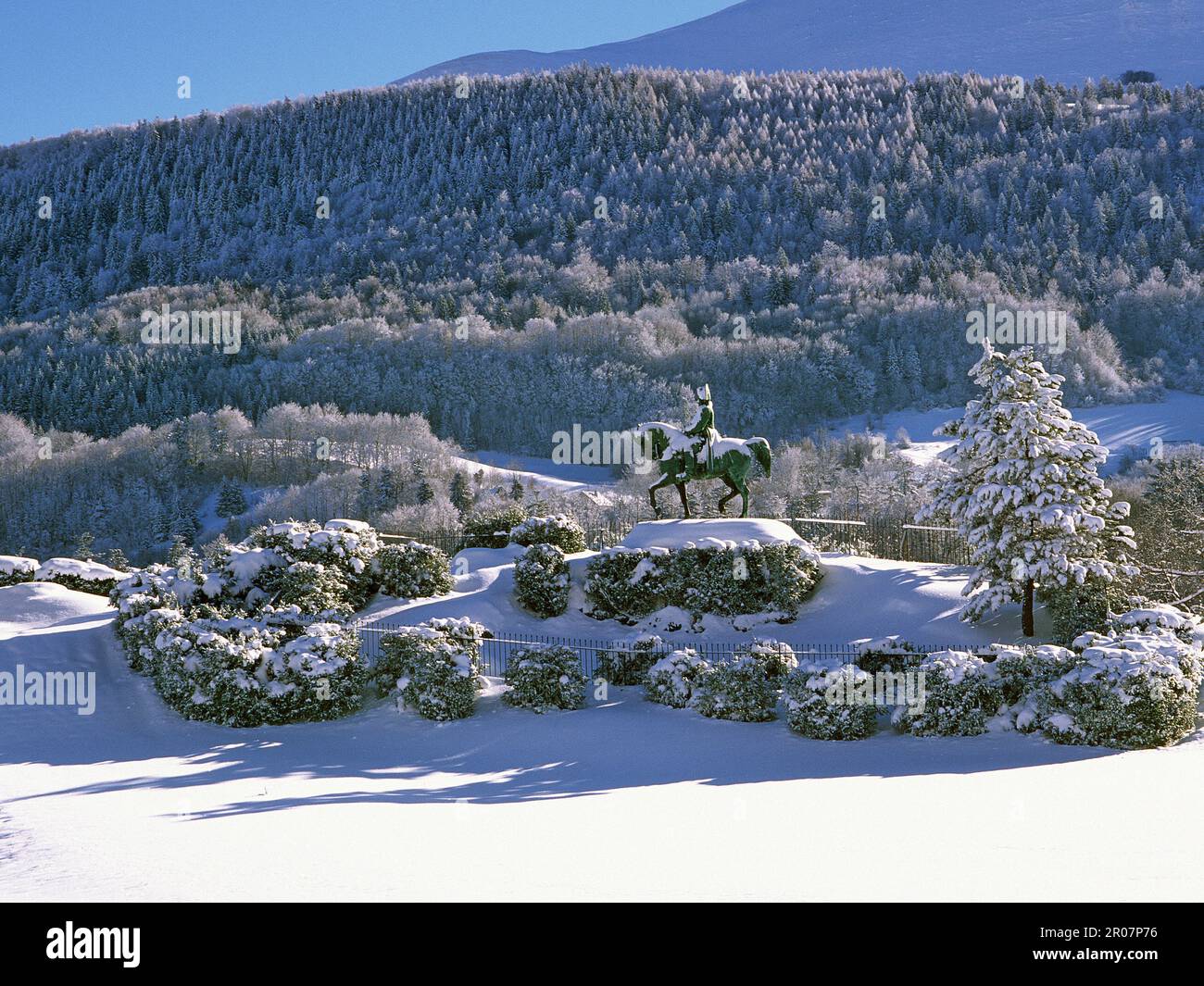 Equestrian statue of Napoleon under the snow in the meadow of the ...