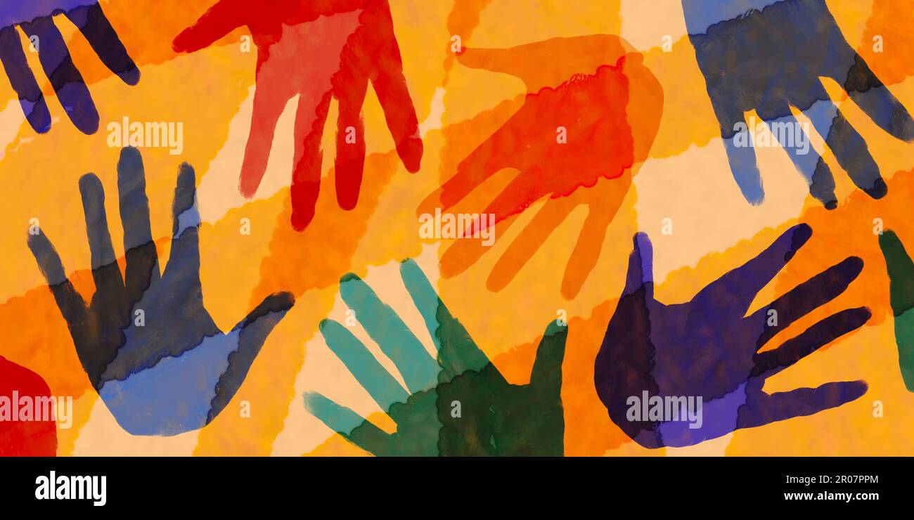 Blotchy paint background, colorful human palms on yellow background ...