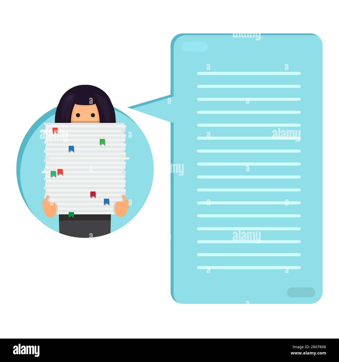 Office worker with big stack of paper. She has a lot of work. All hands ...