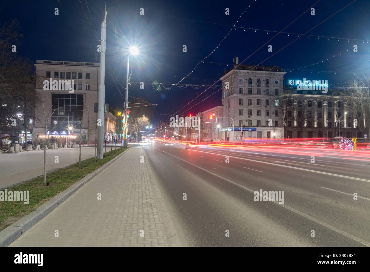 Chisinau, Moldova - March 8, 2023: Night view on Stefan cel Mare si ...