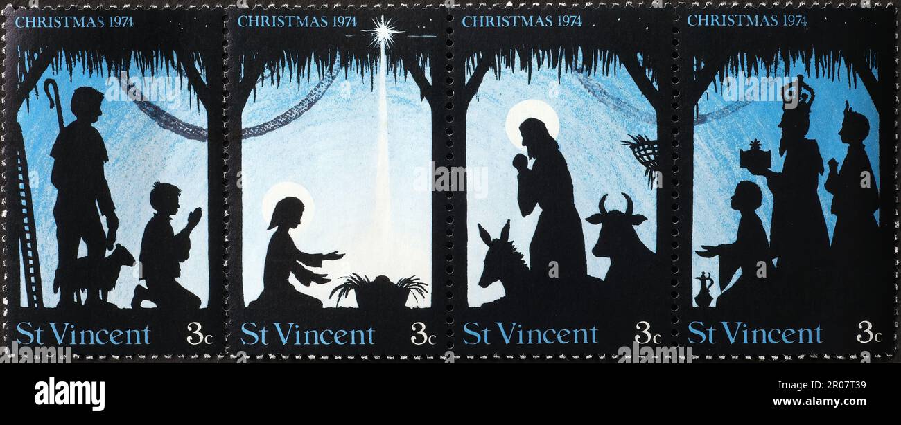 Large nativity on postage stamp of Saint Vincent Stock Photo - Alamy
