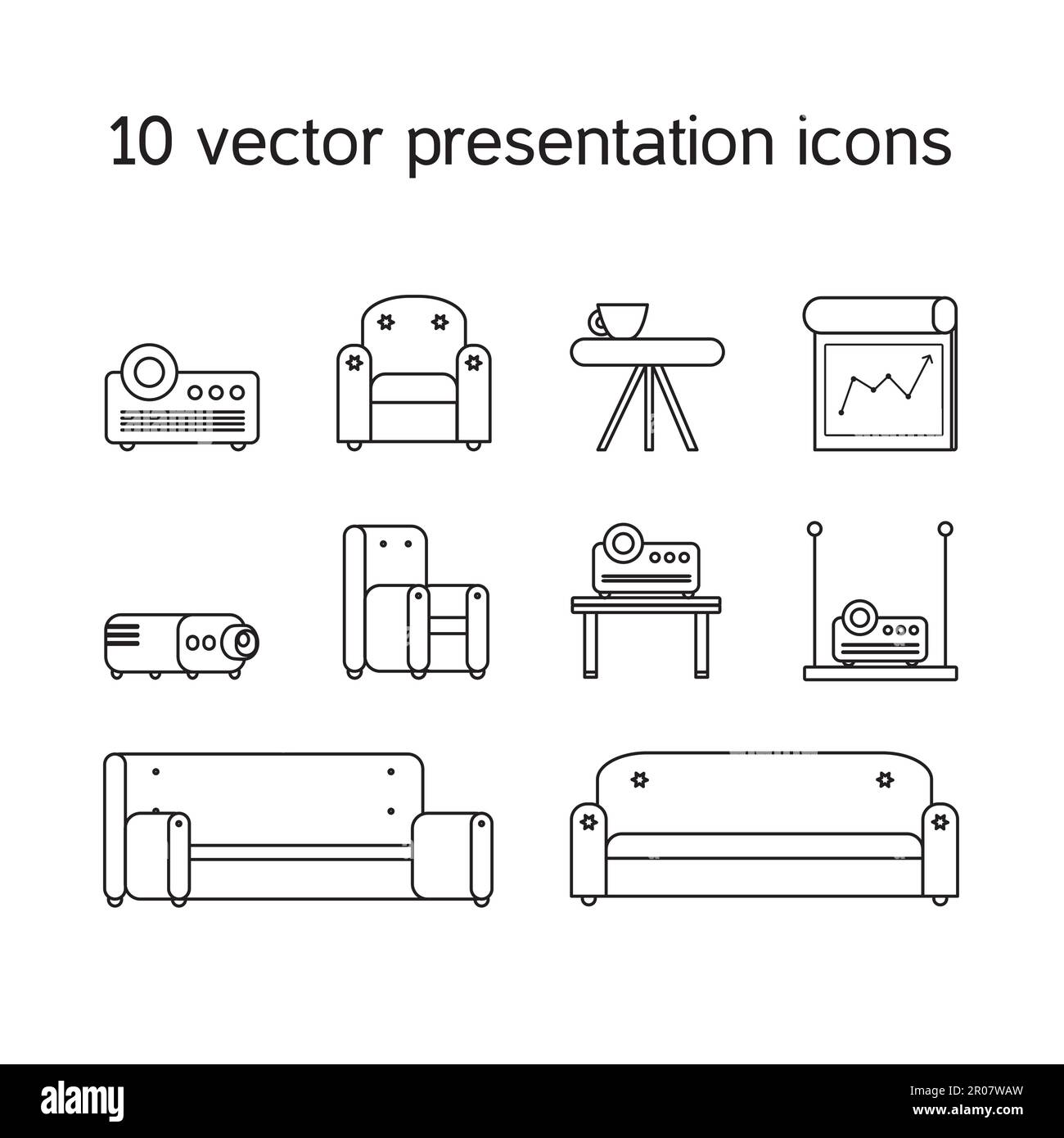Office work icons set of projector, board bollard and comfortable seats ...