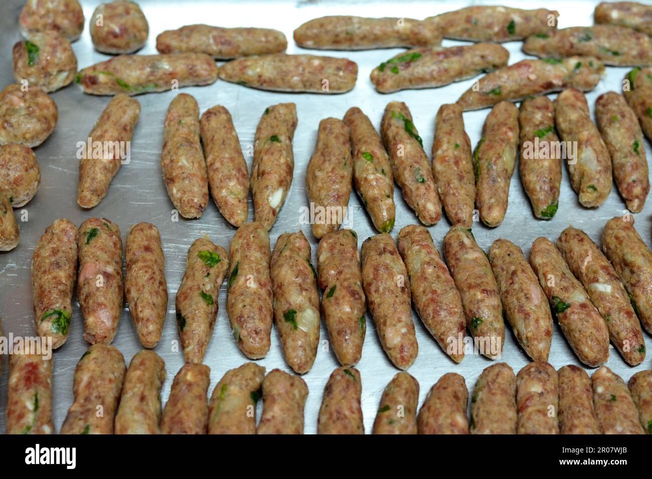 Shish kofta, a type of kebab-style kufta, minced lamb, mutton, veal or ...