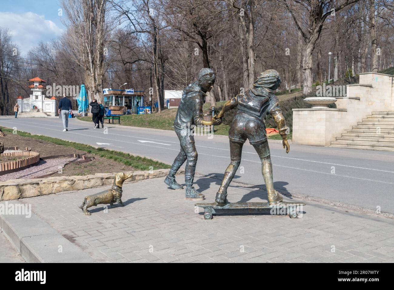 Chisinau, Moldova - March 9, 2023: Sculpture of skateboarders with ...