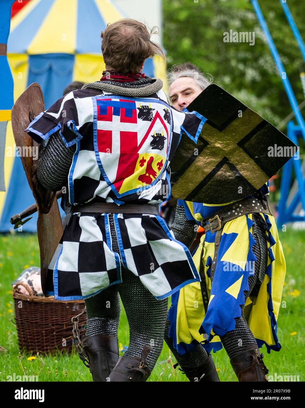 Chalfont, UK. 7 May 2023. Re enactors as armoured knights take part in a Royal Coronation ...