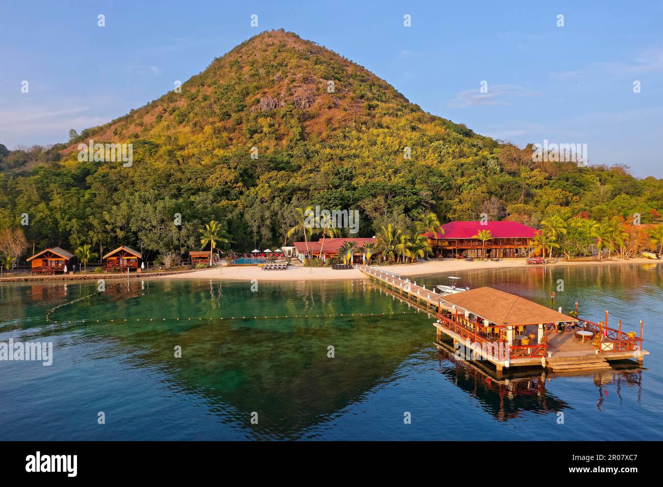 Aerial view, El Rio Y Mar Resort, bungalow resort, hotel, jetty, bar ...