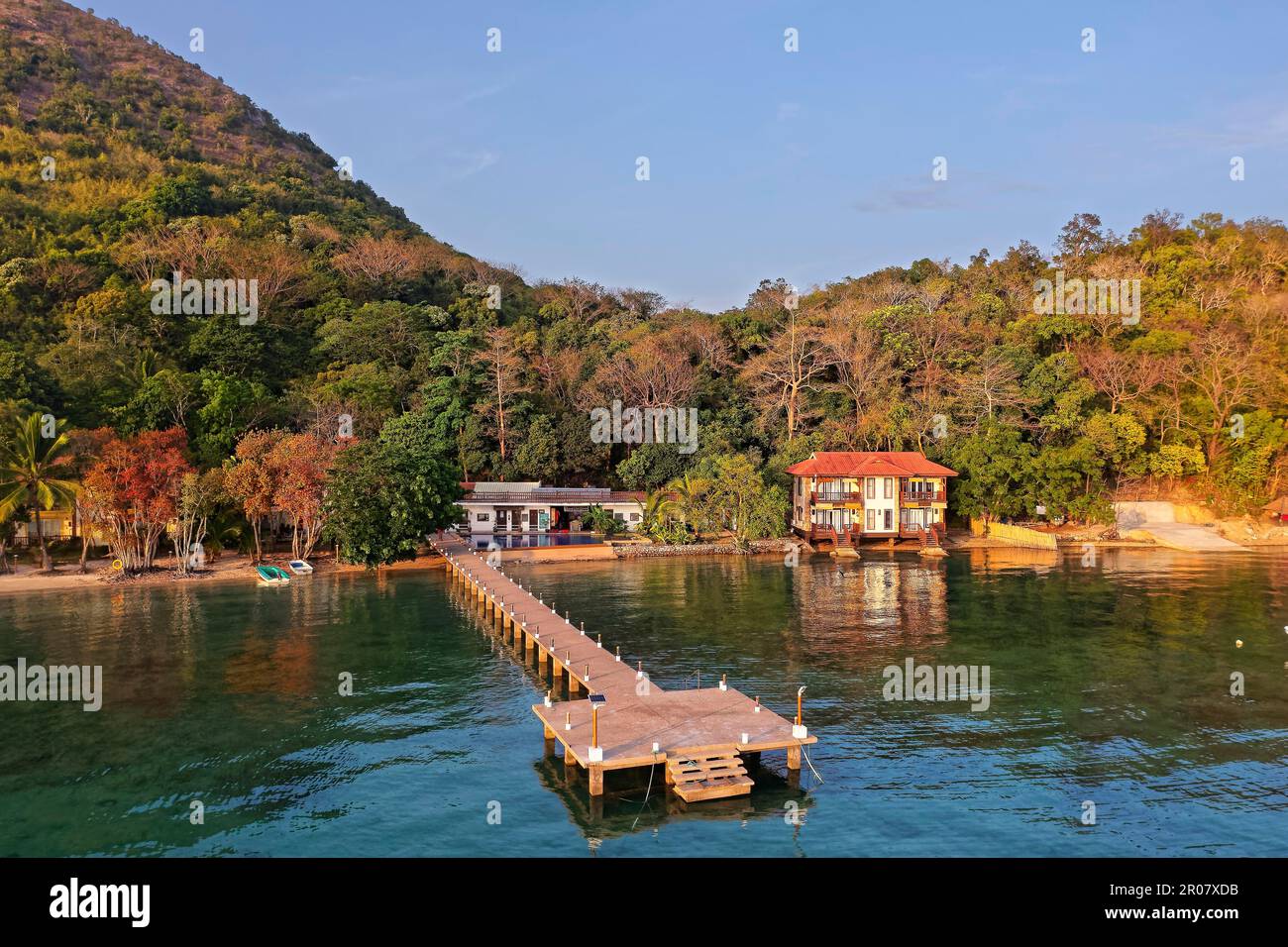 Aerial view, El Rio Y Mar Resort, bungalow resort, hotel, jetty, back ...