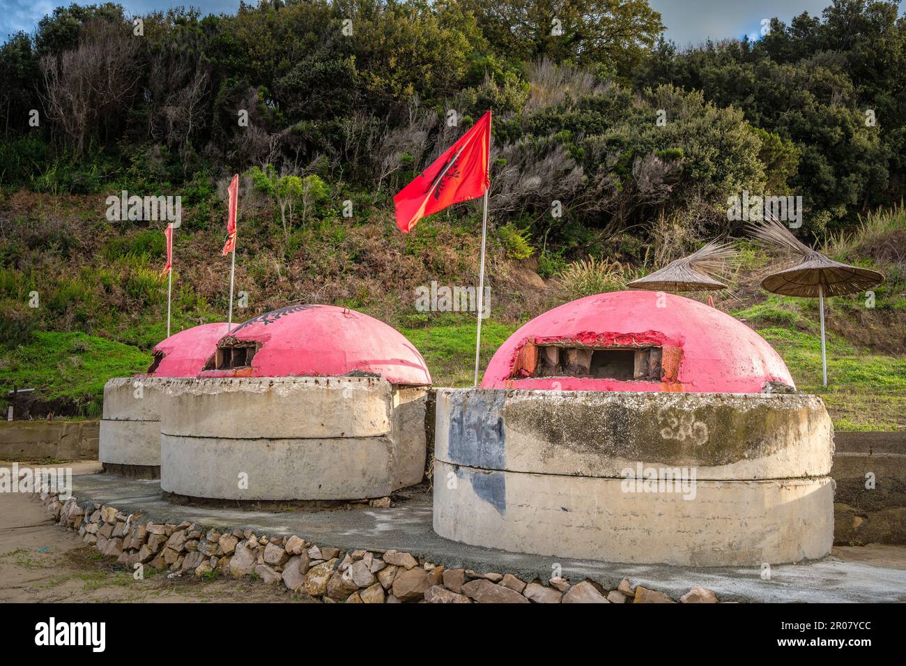 Old military bunker with albanian flag on Cape of Rodon Albania Stock ...
