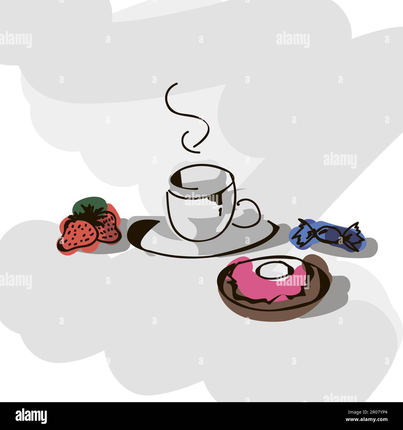 Breakfast from tasty tea, strawbwerry, candy and donut. Vector Stock ...