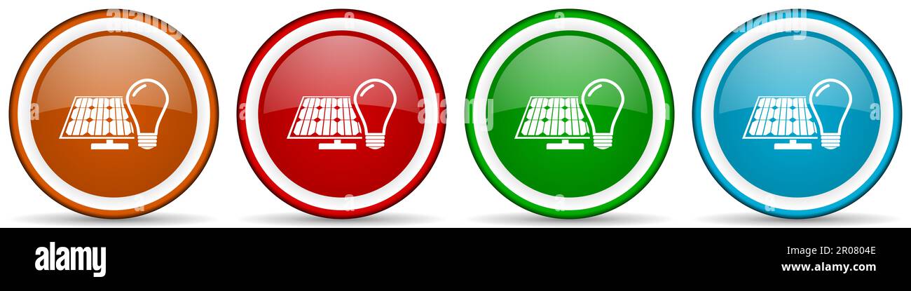 Light bulb and solar panel glossy icons, set of modern design buttons ...
