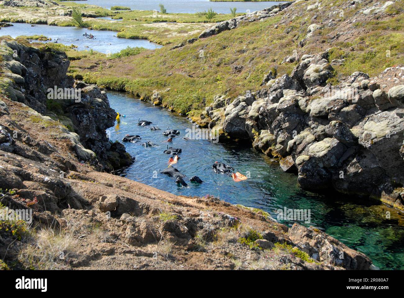 Thingvellir, Iceland. 02nd Aug, 2022. Snorkelers explore the Silfra ...