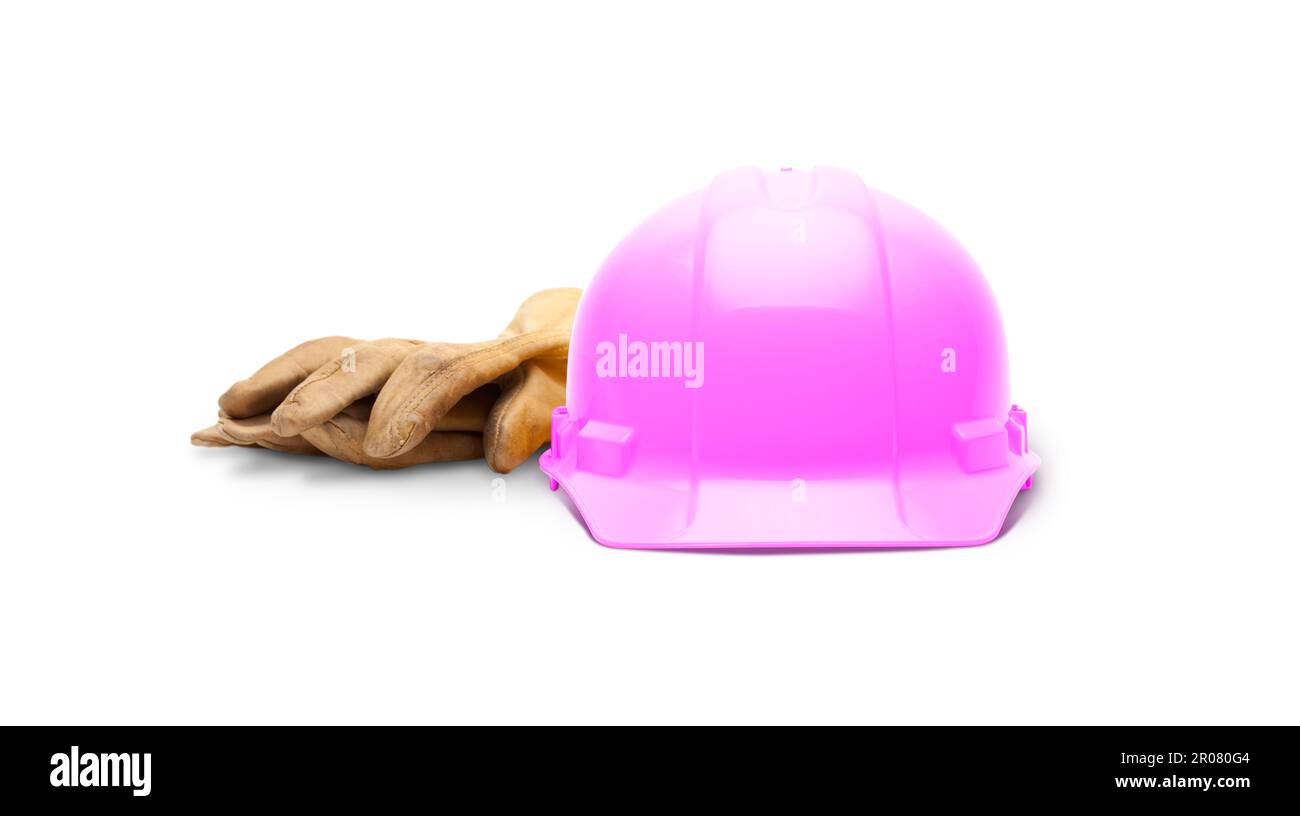 Pink Safety Construction Hard Hat and Leather Gloves Isolated on a ...