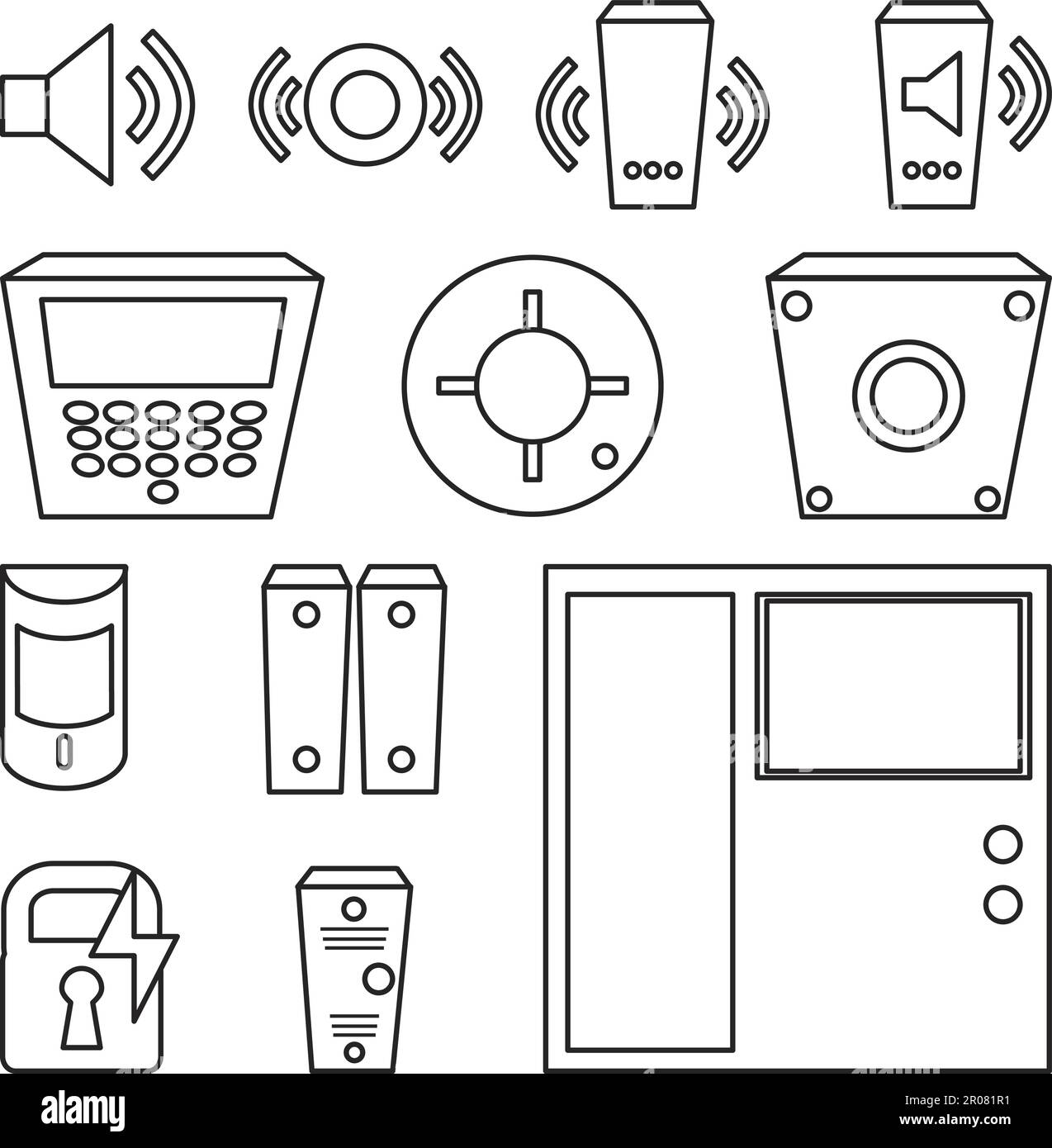 Vector simple set of detectors icons for window, fire, sound, intercom, fire alarm, reader ...