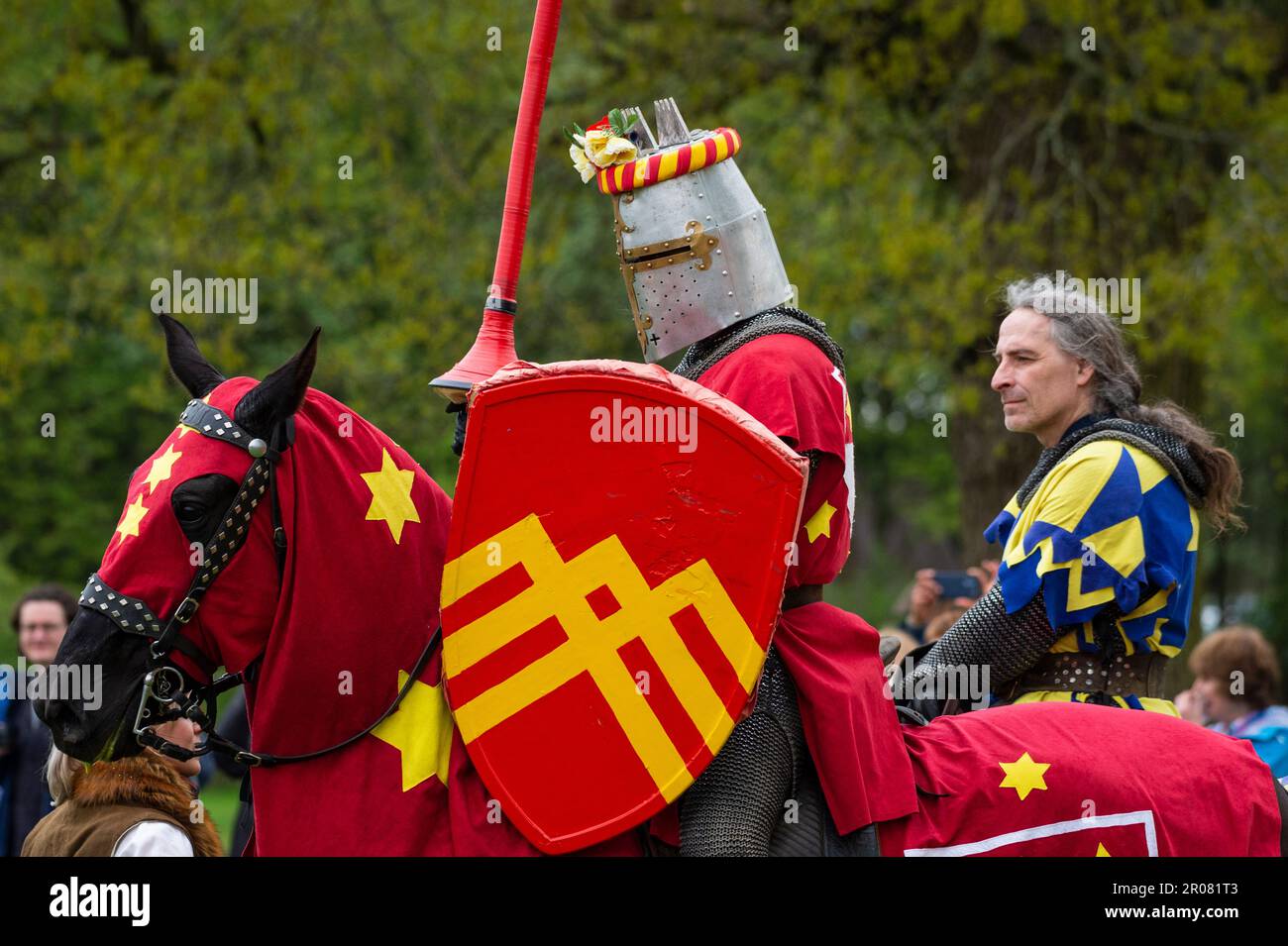Chalfont, UK. 7 May 2023. Re enactors as armoured knights take part in a Royal Coronation ...