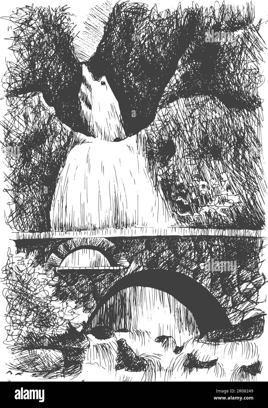 Vector mountain landscape with waterfall by hatching in eps, nature ...