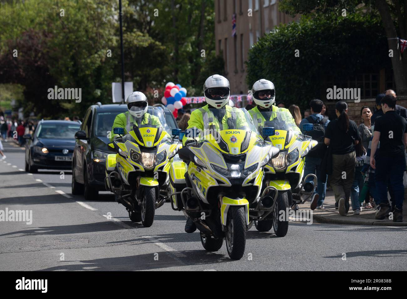 Windsor, Berkshire, UK. 7th May, 2023. Police outriders in Windsor. The ...