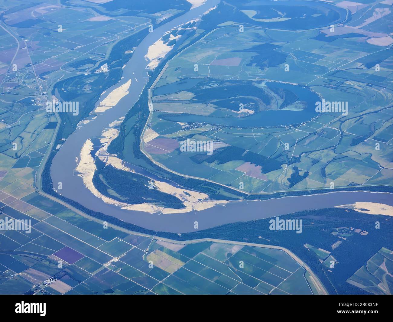 High altitude aerial view of Mississippi River and surrounding ...