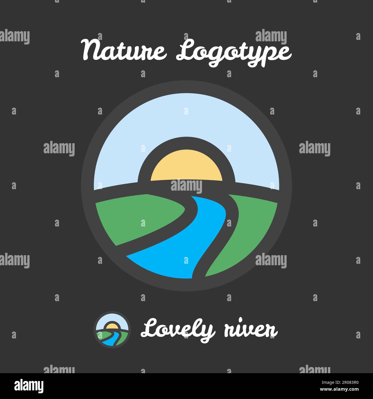 Vector icon, logo of sunset in village, sun and river among hills Stock ...