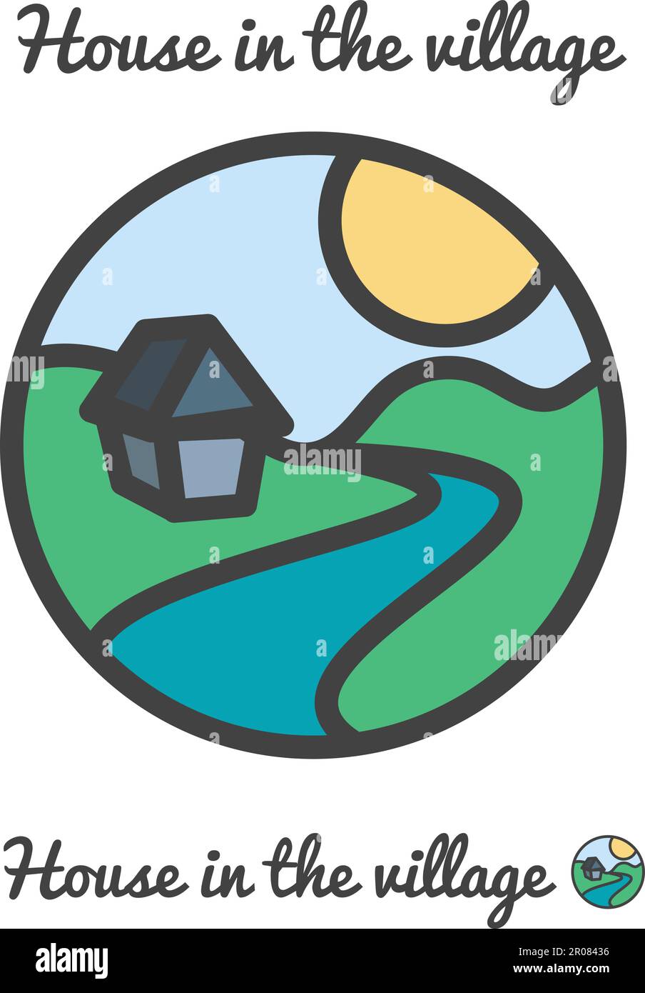 Vector icon, logo of sunset in village, sun, house and river among ...