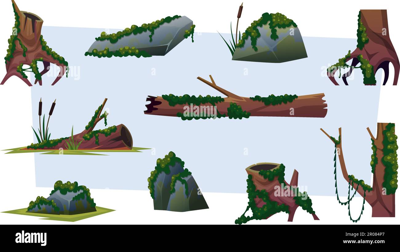 Cartoon moss. Forest plants cartoon game assets exact vector pictures ...