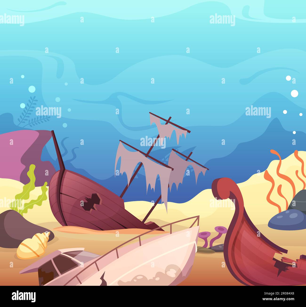 Ship graveyard. underwater landscape with old damaged ships. Vector ...