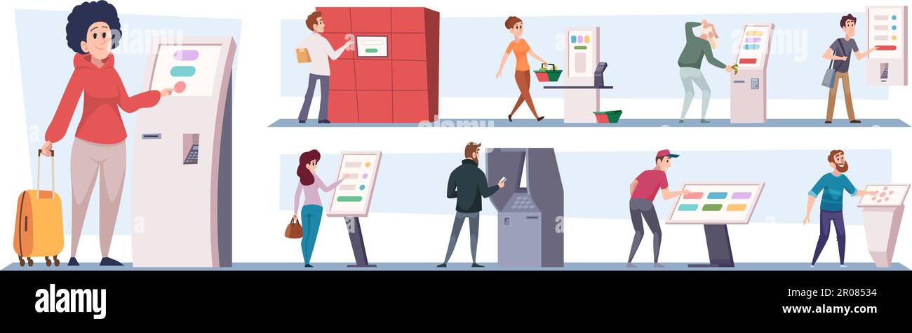 Checkout post. People using money checkout terminal exact vector self ordering kiosk ...