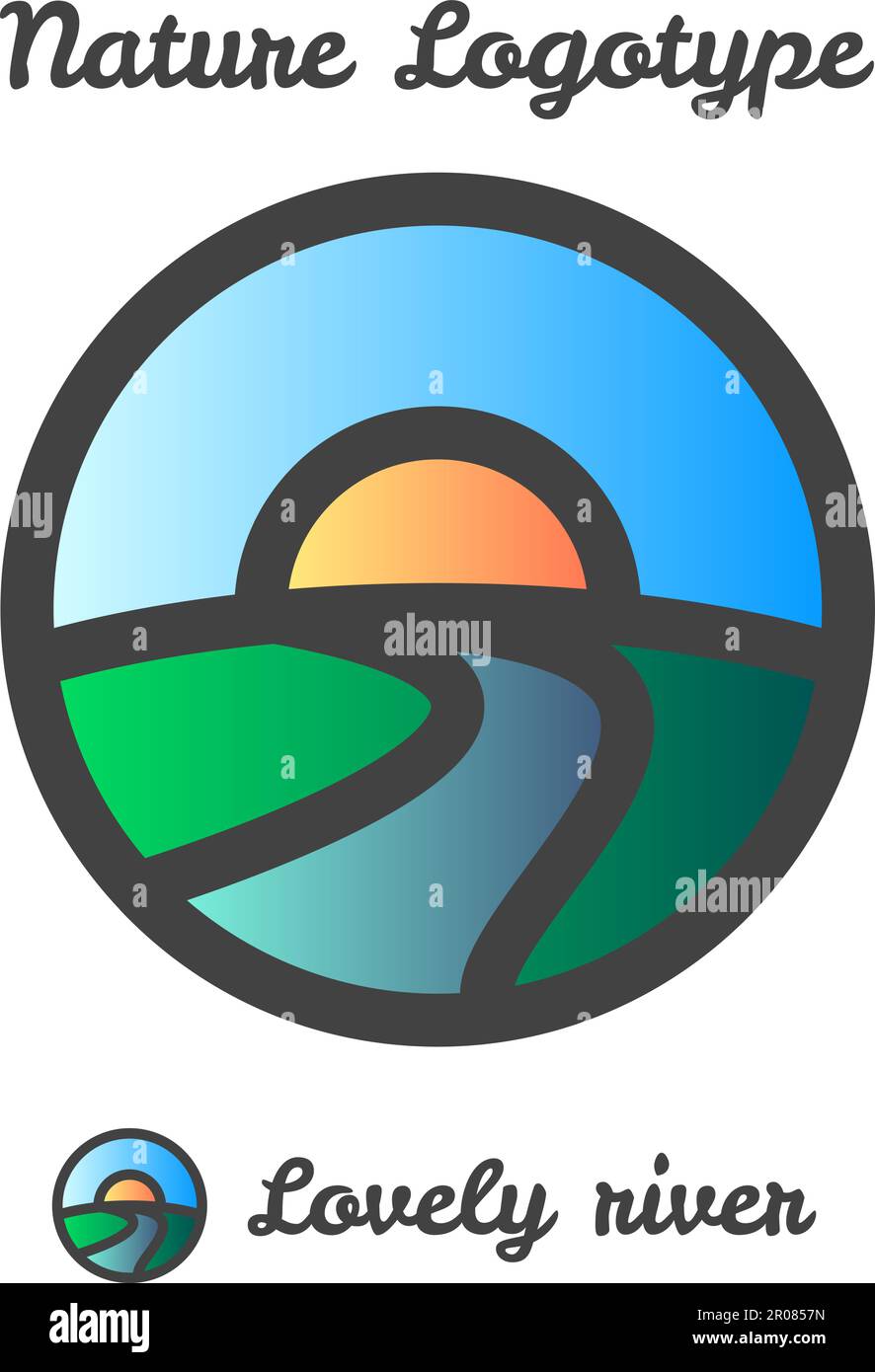 Vector icon, logo of sunset in village, sun and river among hills Stock ...