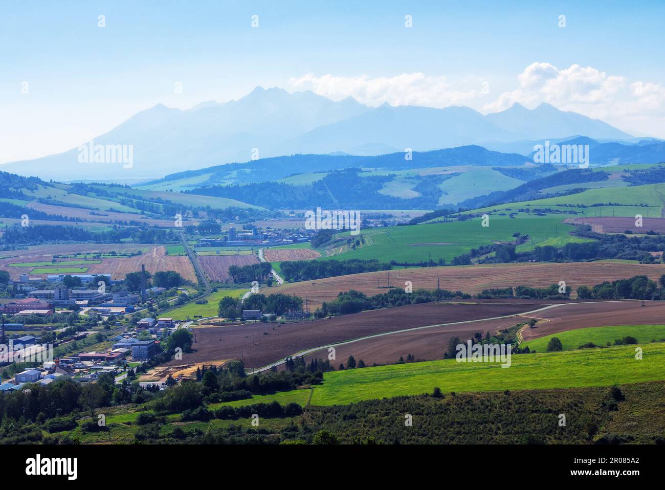 scenic rural tatra mountain landscape in slovakia. agricultural fields ...
