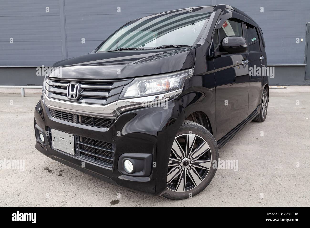 Pavlodar, Kazakhstan - 11.04.2023: Front view of black Honda N-Wgn Custom 700 CC engine is ...