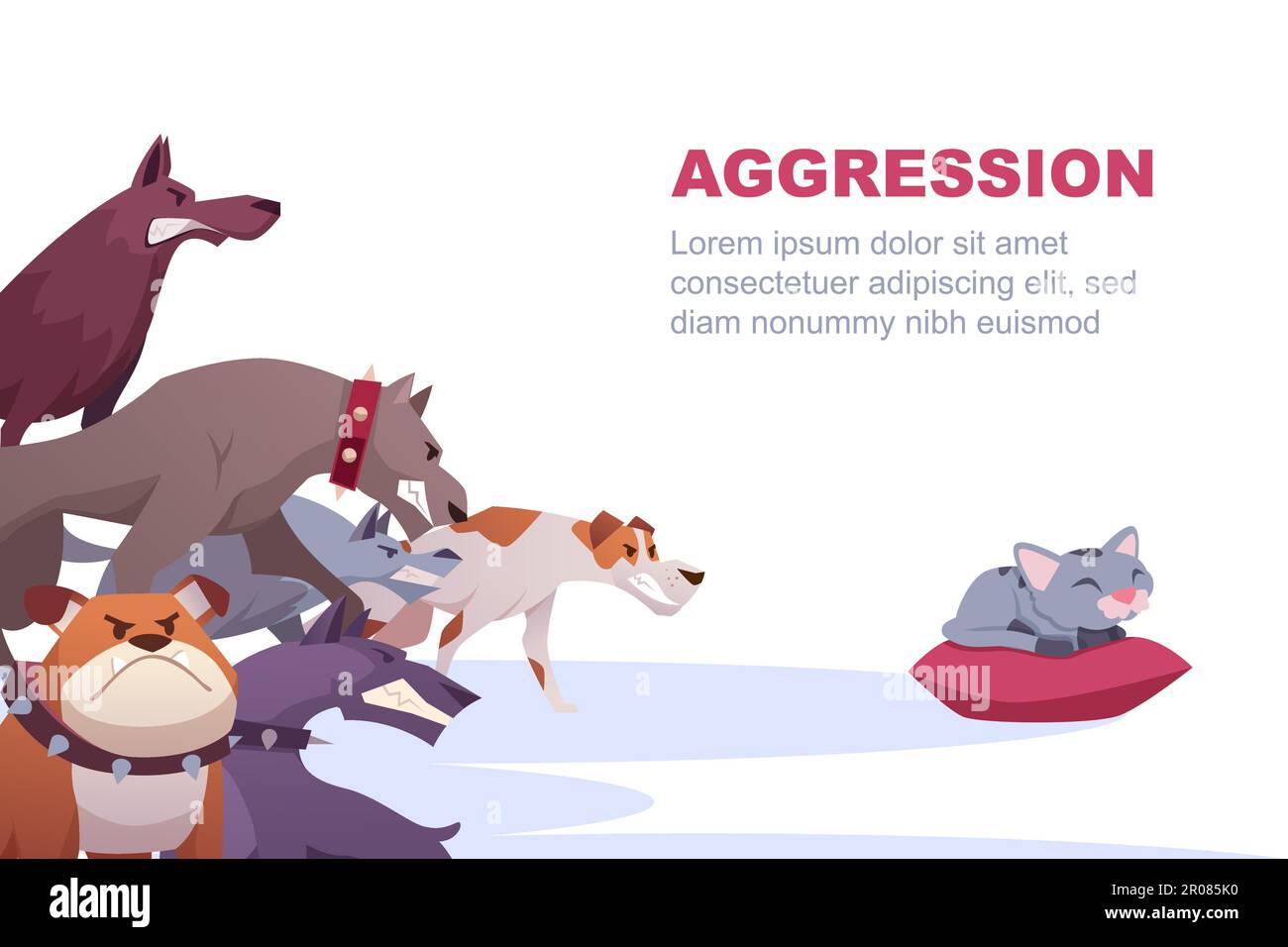Angry dogs. wild stray dogs growl at a kitten vector horisontal concept ...