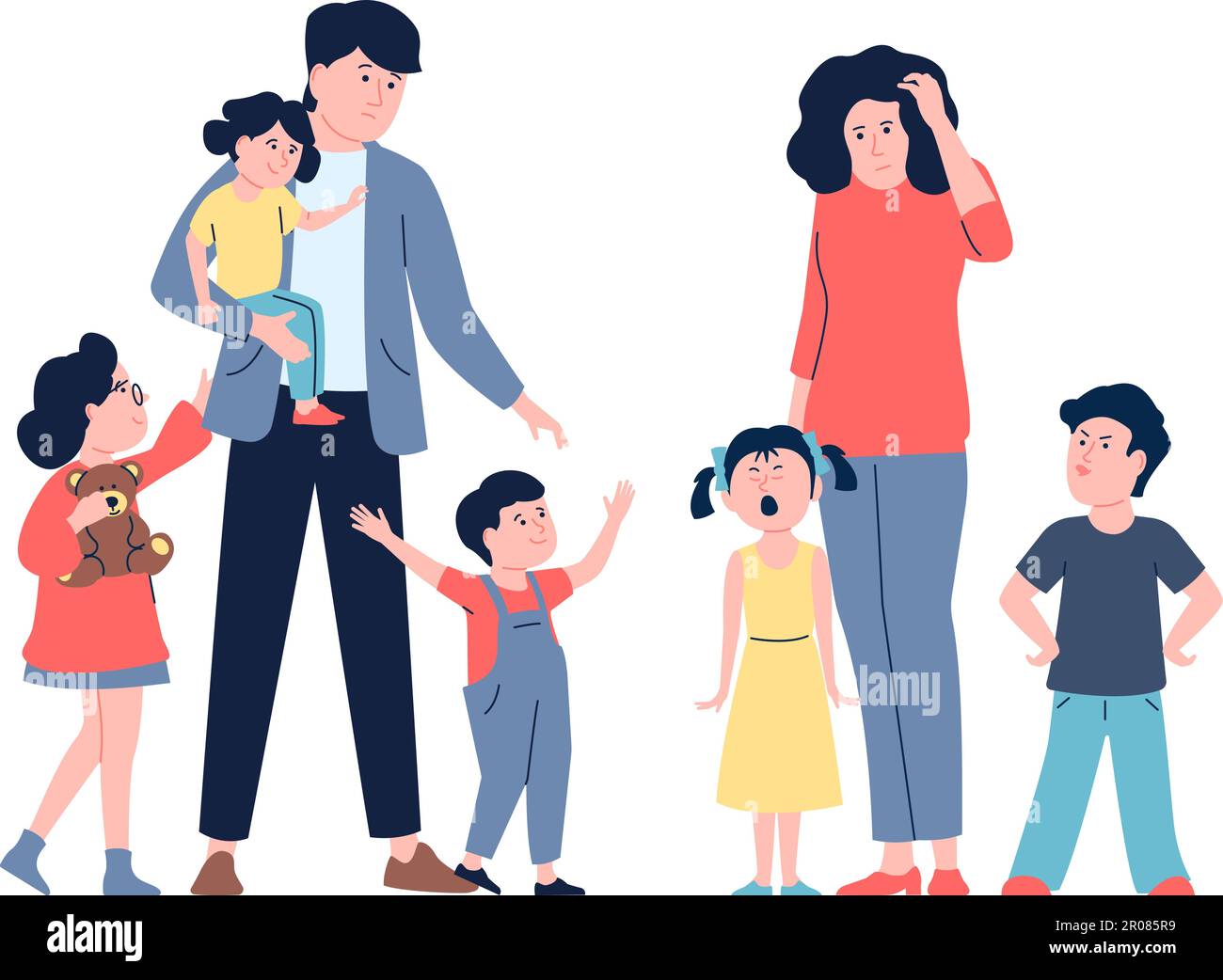 Large family, tired parents and children. Cartoon father and mother, happy and sad kids ...