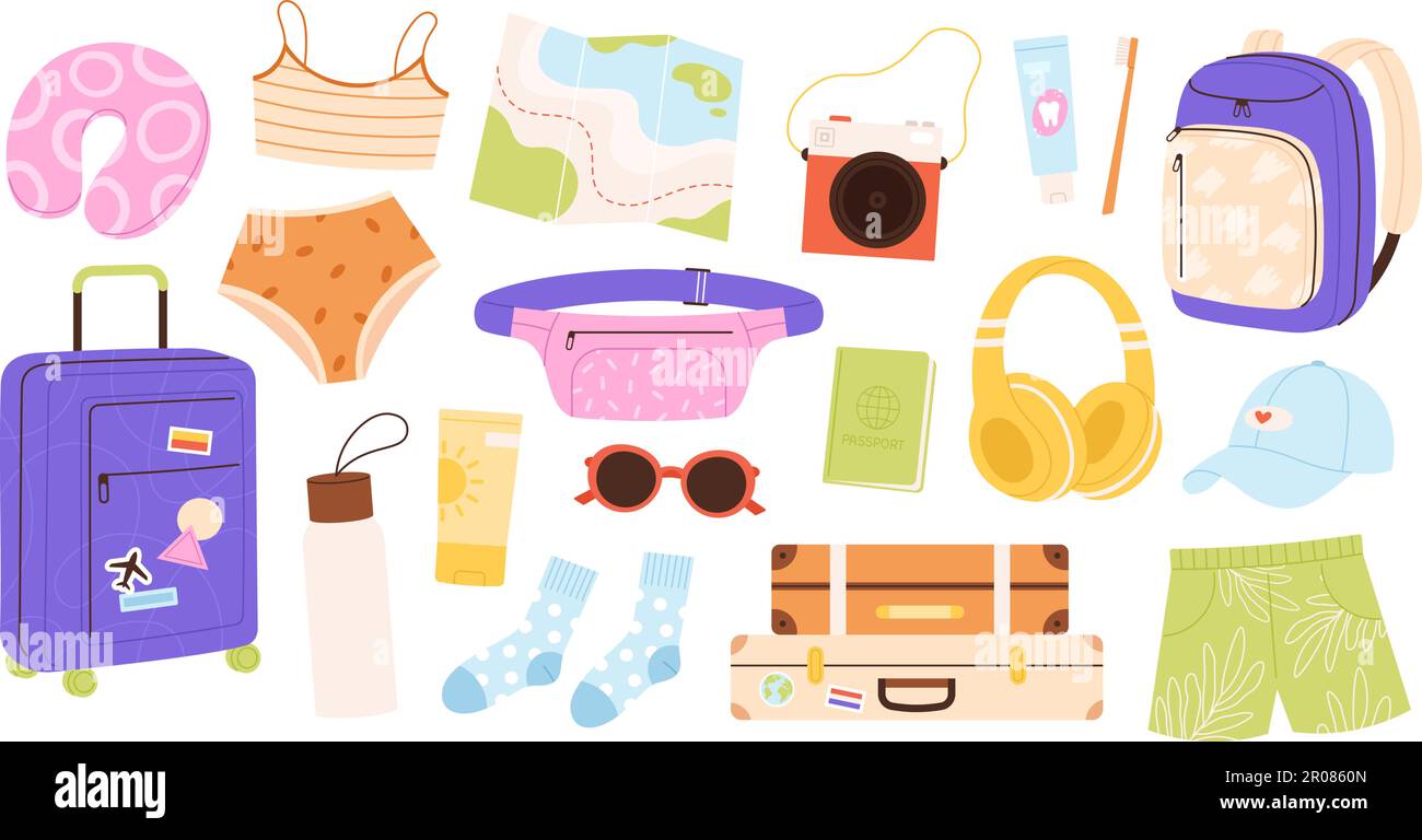 Tourist luggage items, trip accessories. Backpack and suitcase, travel ...