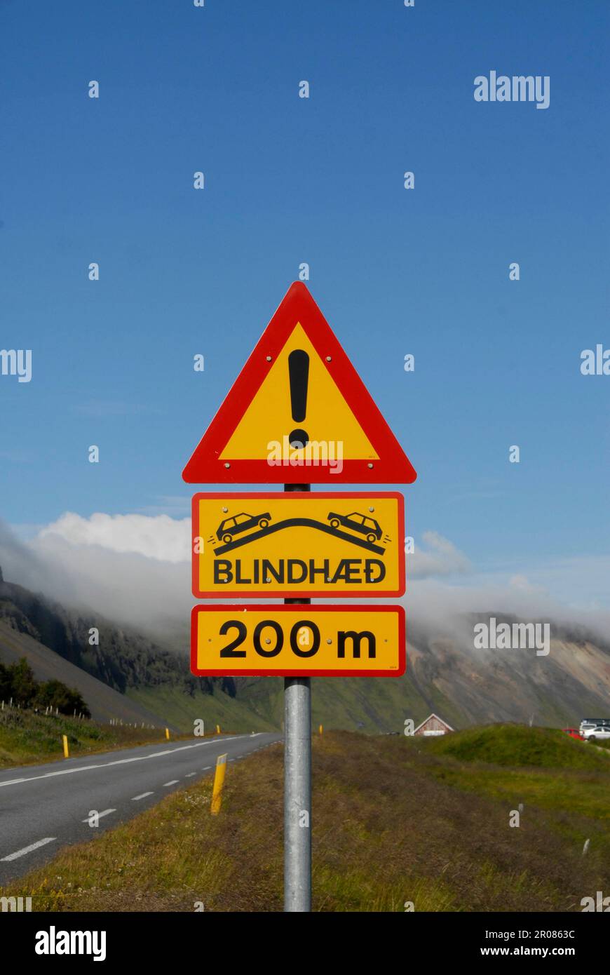 Snaefellsnes, Iceland. 23rd July, 2022. A warning sign uses symbols and ...