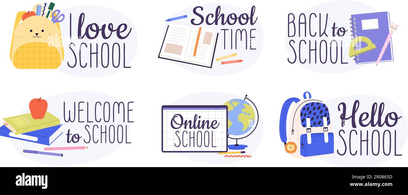 Back to school badges. Educational stickers, cool fashion cartoon logos ...