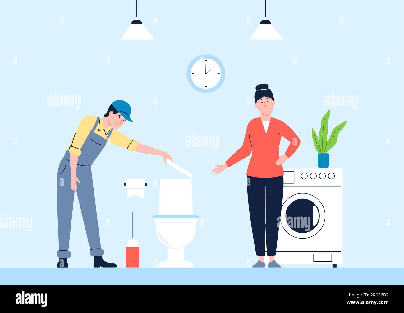 Bathroom renovation, toilet repair with repairman. Happy woman and ...