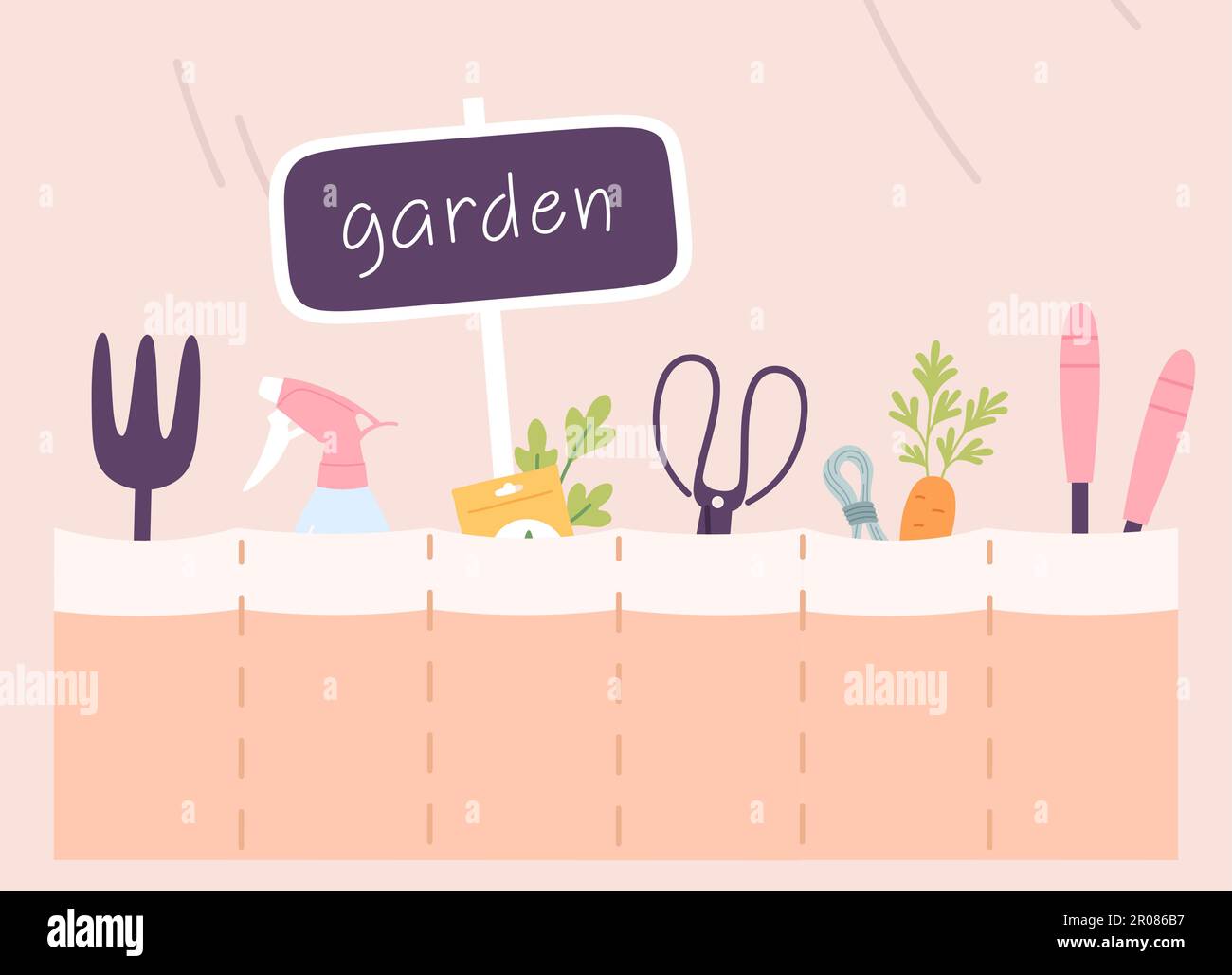 Planting and gardening background. Garden tools, seeds pack and bottle ...