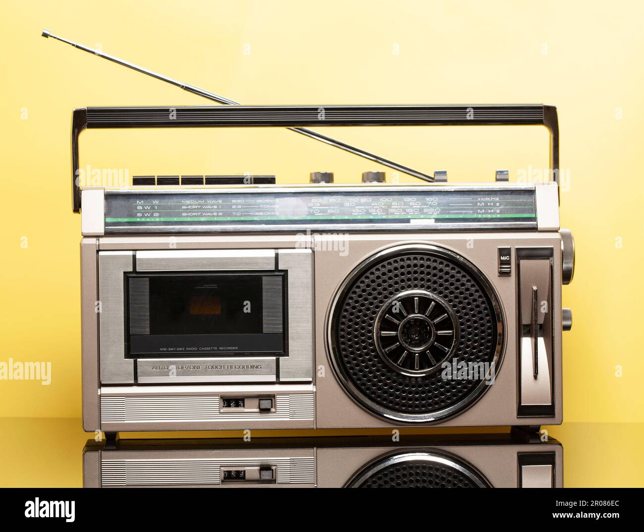 Retro ghetto radio boom box cassette recorder from 80s on a yellow ...